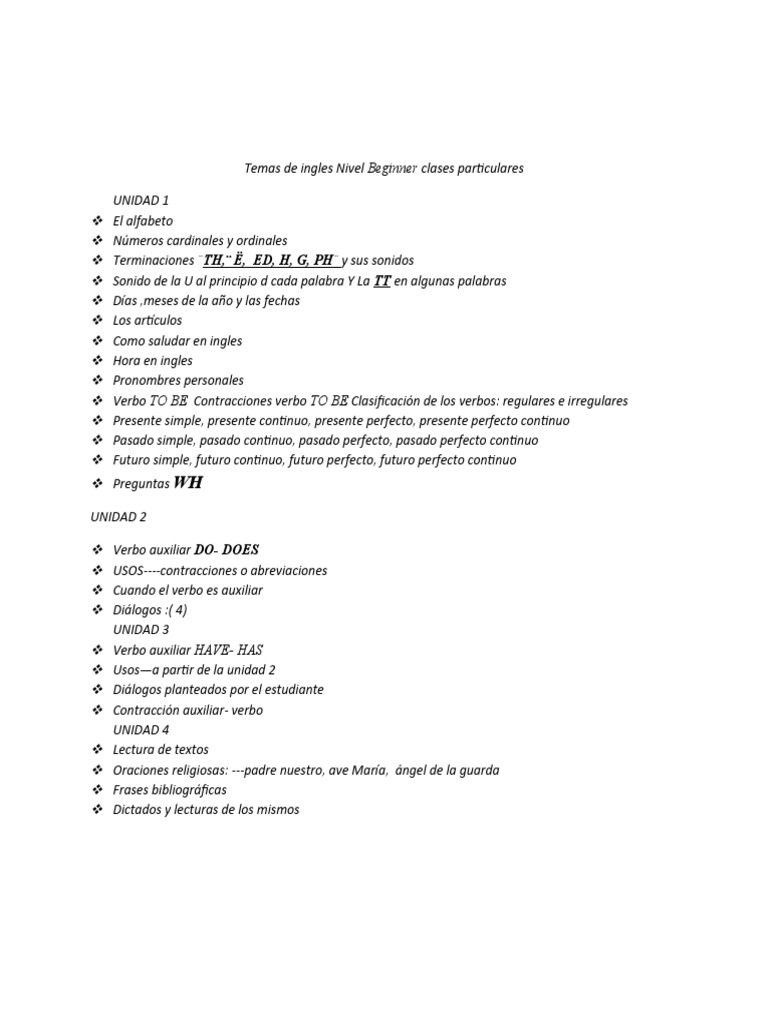 Temas de Ingles Nivel Beginner Clases Particulares | PDF