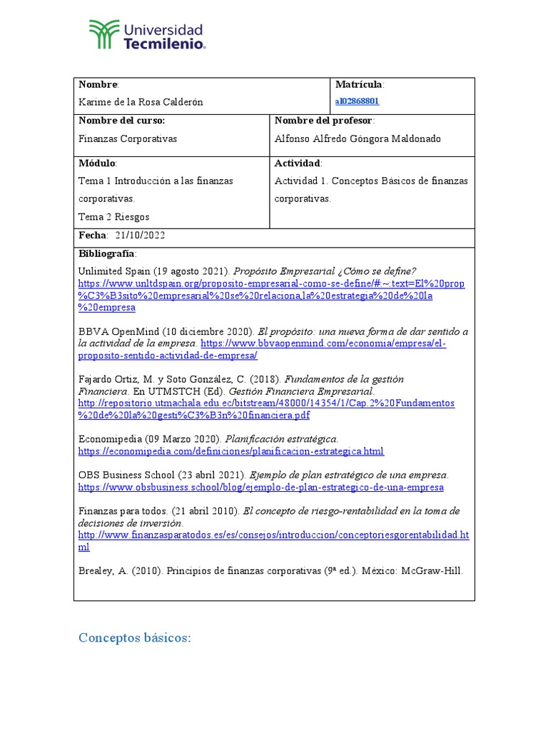 Actividad 1 Conceptos Básicos de Finanzas | PDF | Planificación | Planificación estratégica