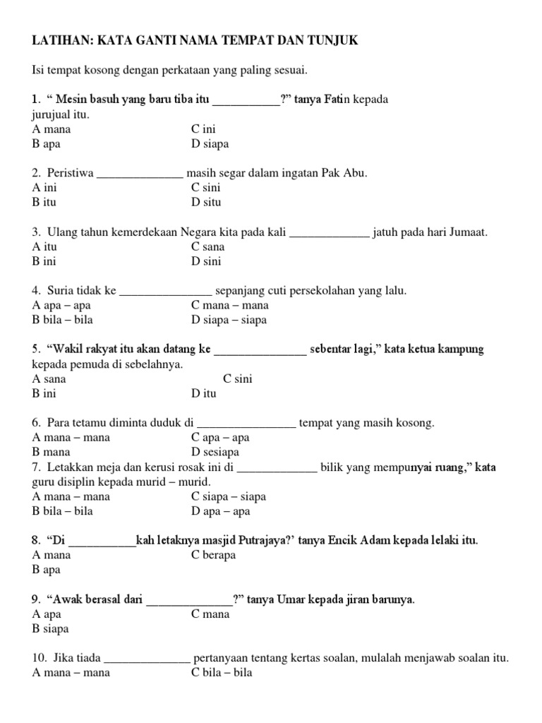 LATIHAN Kata Ganti Nama Tempat Dan Tunjuk | PDF