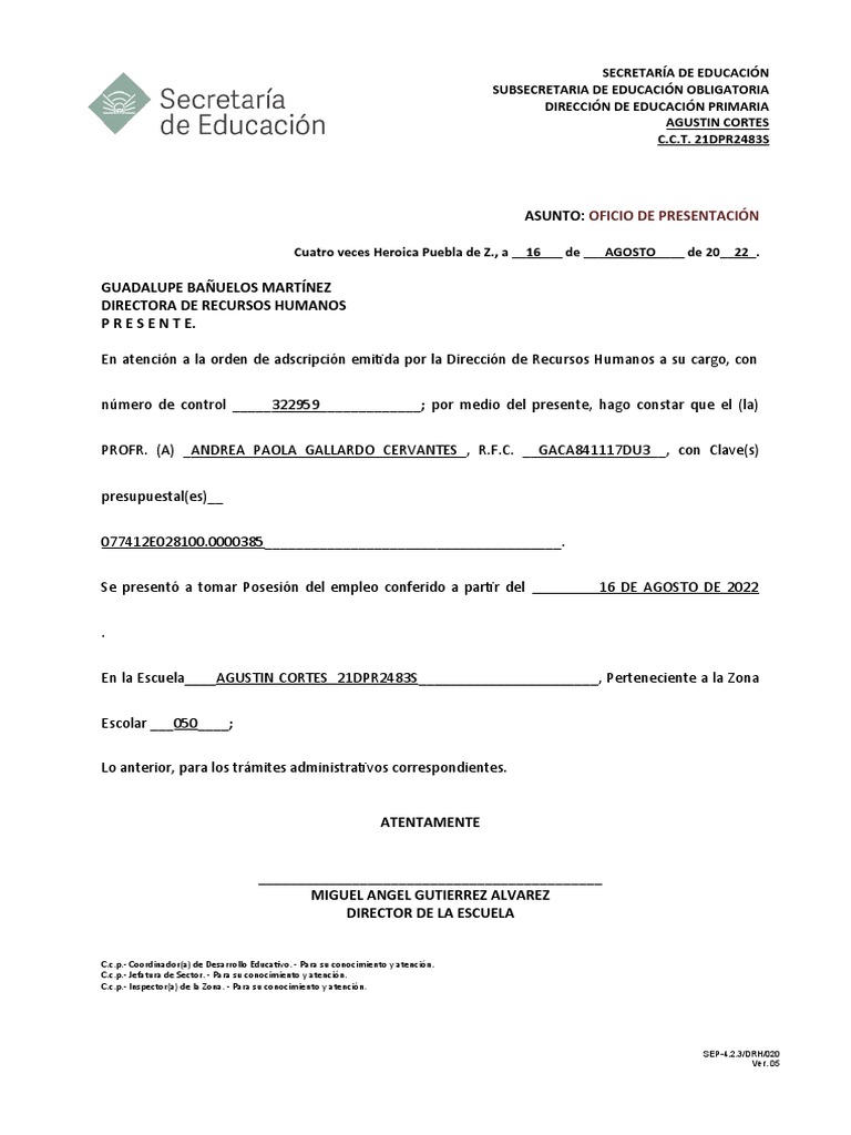 Oficio de Presentación para Orden de Adscripción | PDF