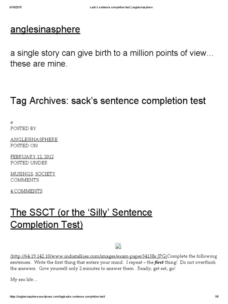Sack's Sentence Completion Test - Anglesinasphere | PDF | Wellness