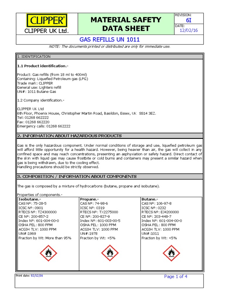 Safety Data Sheet - Clipper Gas | PDF | Liquefied Petroleum Gas | Propane
