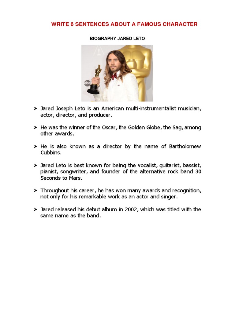 Write 6 Sentences About A Famous Character | PDF