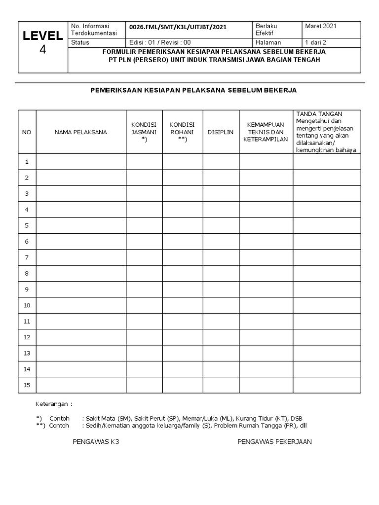 Formulir Pernyataan Kesiapan Pelaksana Sebelum Bekerja | PDF