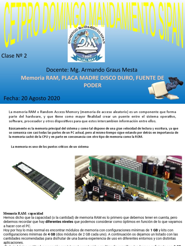 Clase 2 Memora RAM, Placa Madre, Disco Duro, Fuente Poder | PDF ...