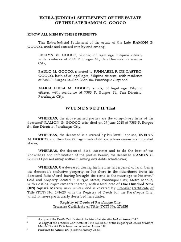 Extra-Judicial Settlement (Ramon Gooco) - Draft | PDF | Inheritance ...