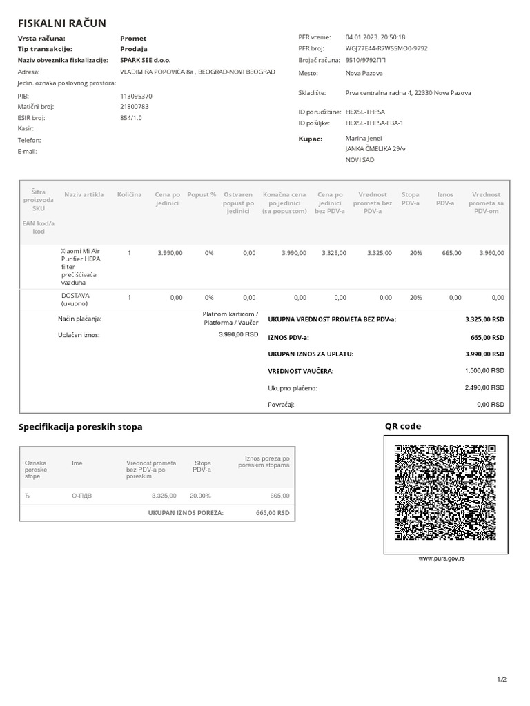 1950 SPARKSEEd.o.o. Fiskalni Račun HEX5L-THFSA FBA | PDF