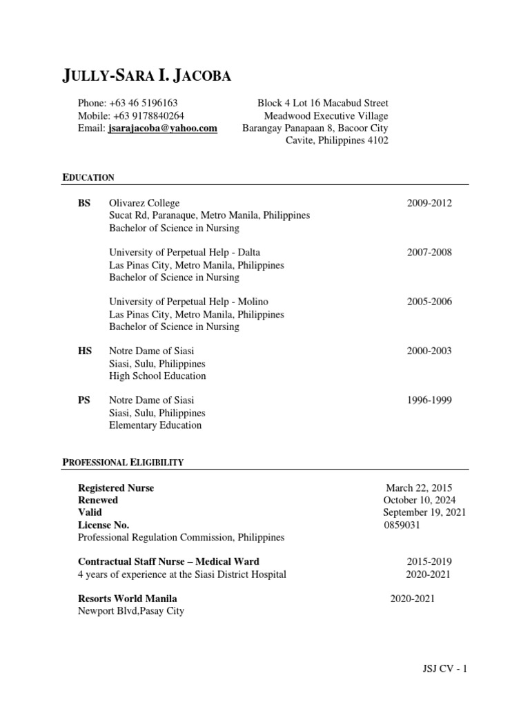 Jully-Sara Jacoba's Nursing CV | PDF | Nursing | Intravenous Therapy