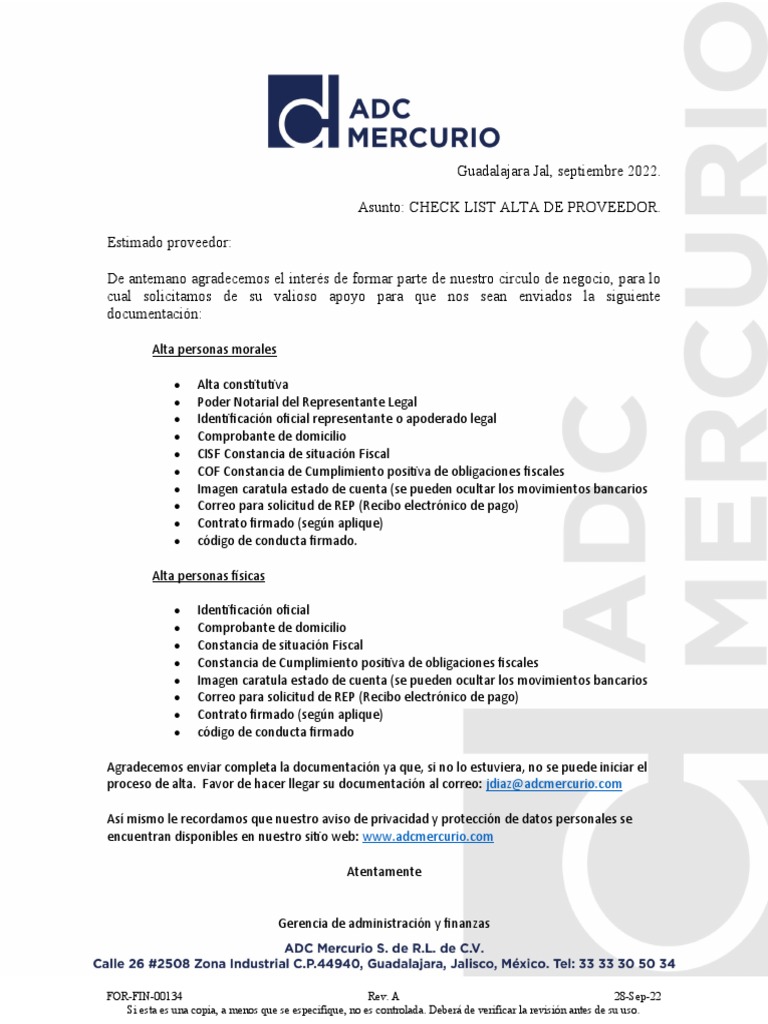 Checklist Alta de Proveedor | PDF