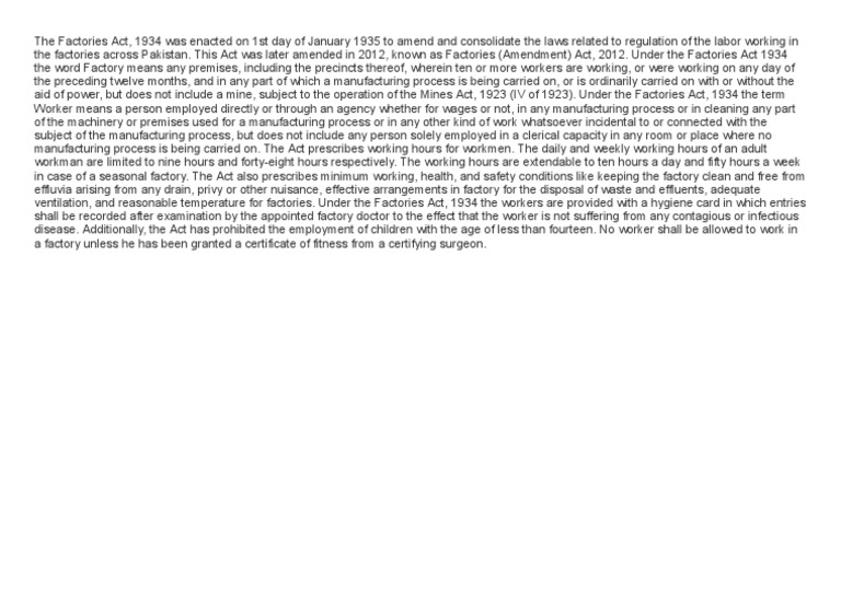 The Factories Act, 1934 - Khalid Zafar & Associates | PDF
