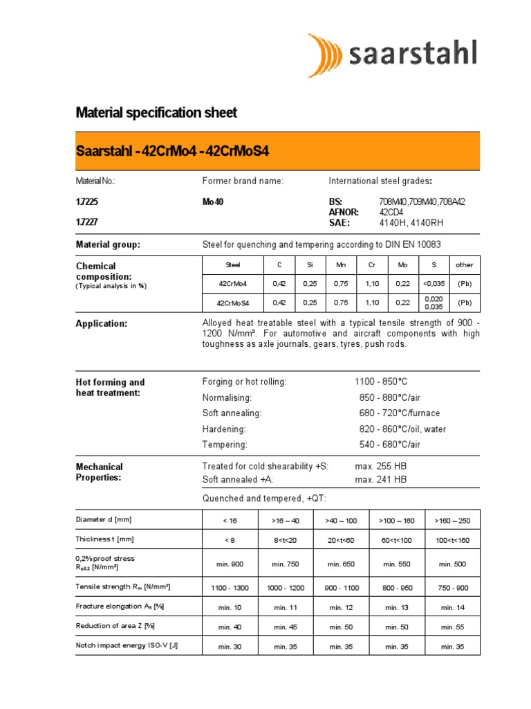 Saarstahl Spec Sheet of 42CrMo4 & 42CrMoS4