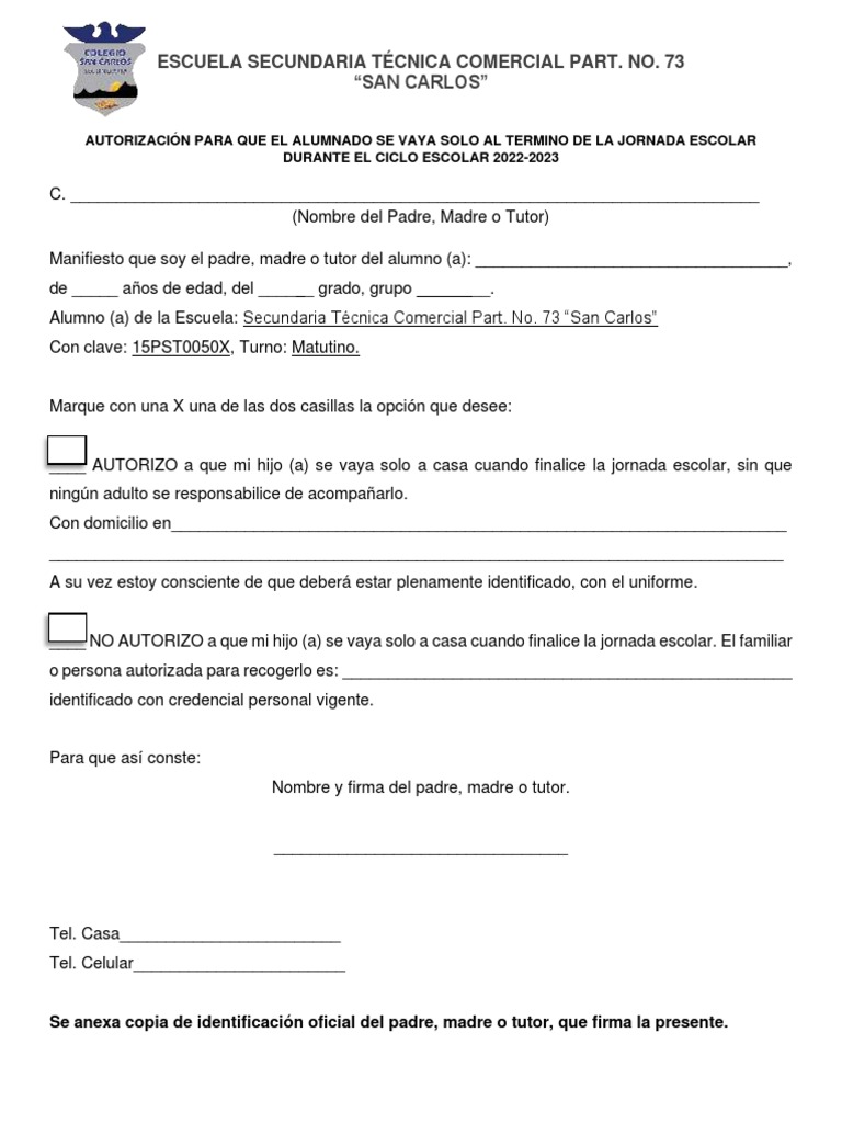Formato Autorización Alumnos Que Se Van Solos A Casa | PDF