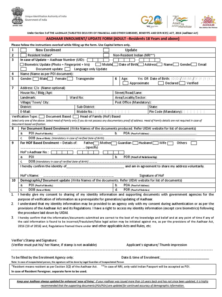 Aadhaar Enrollment/Update Form for Adults | PDF | Authentication ...
