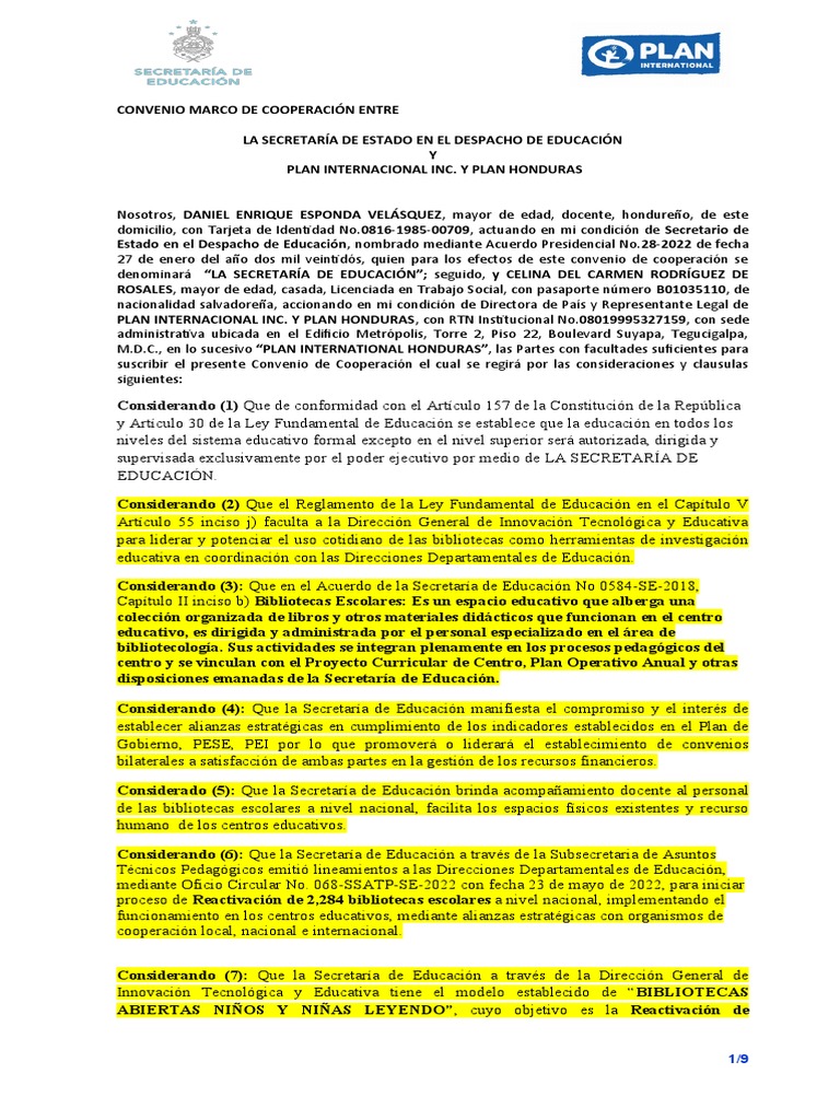 Convenio Entre SEDUC Y PIH 2022 Revisado Por Plan International Honduras 03octubre | PDF ...