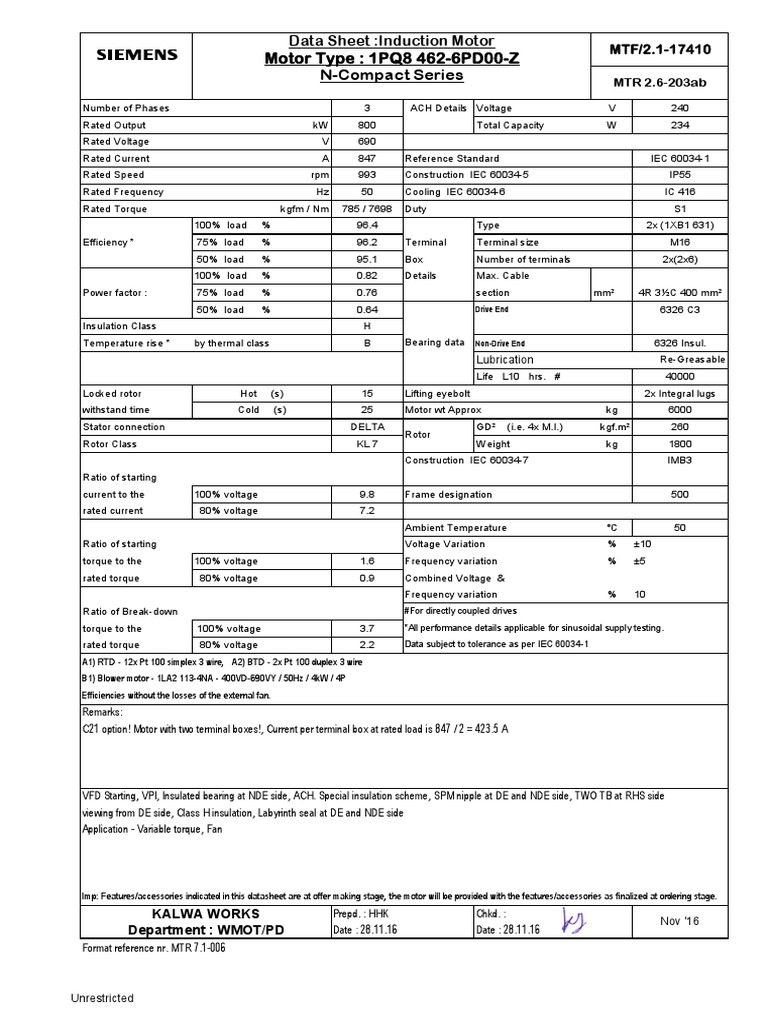 Design Data Sheet (ID Fan Motor 800 KW) | PDF