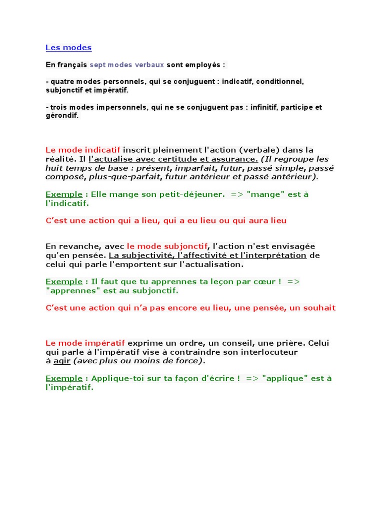 Les modes verbaux en français | PDF | Morphologie | Relations syntaxiques
