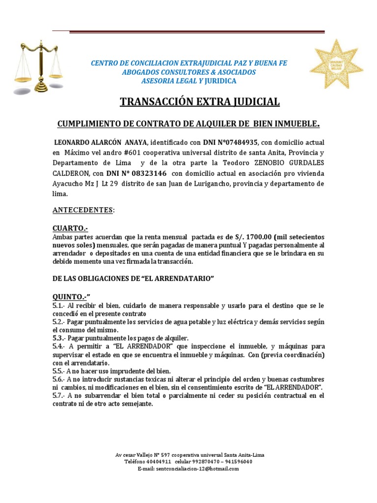 Transaccion Extrajudicial Contrato de Taller Leo | PDF | Consentimiento | Derecho empresarial