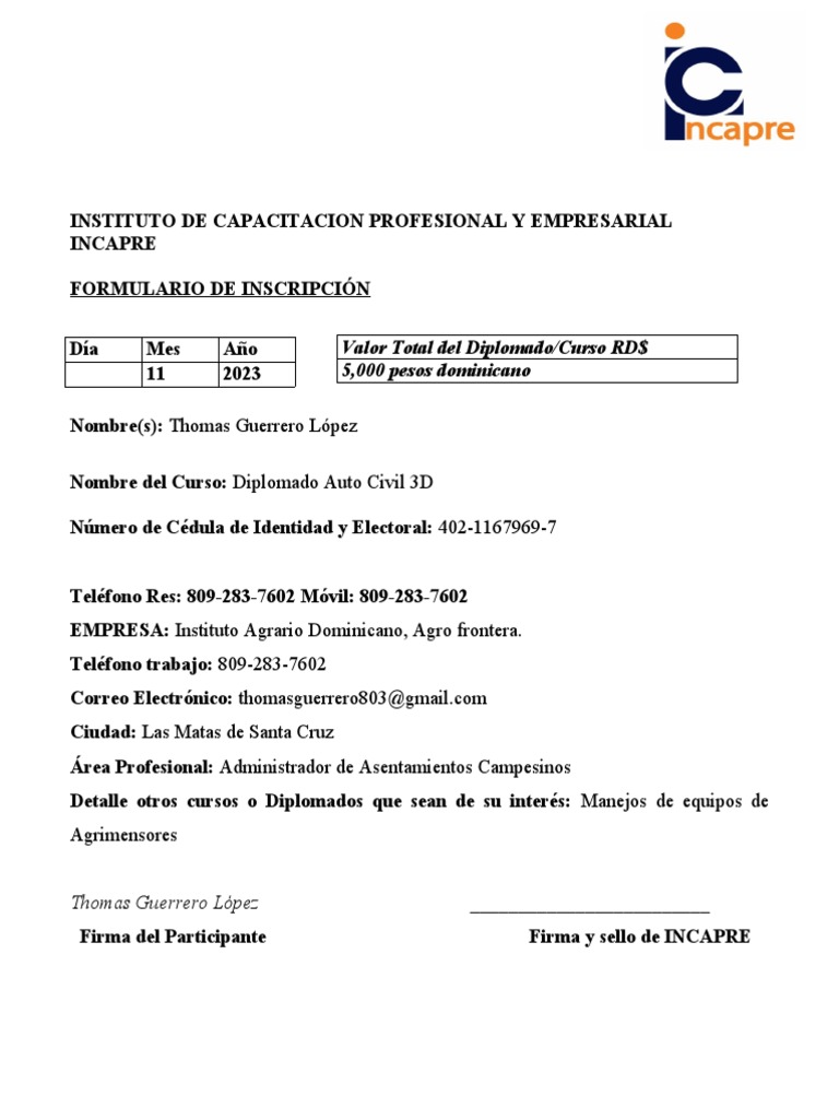 Formulario de Inscripcion | PDF