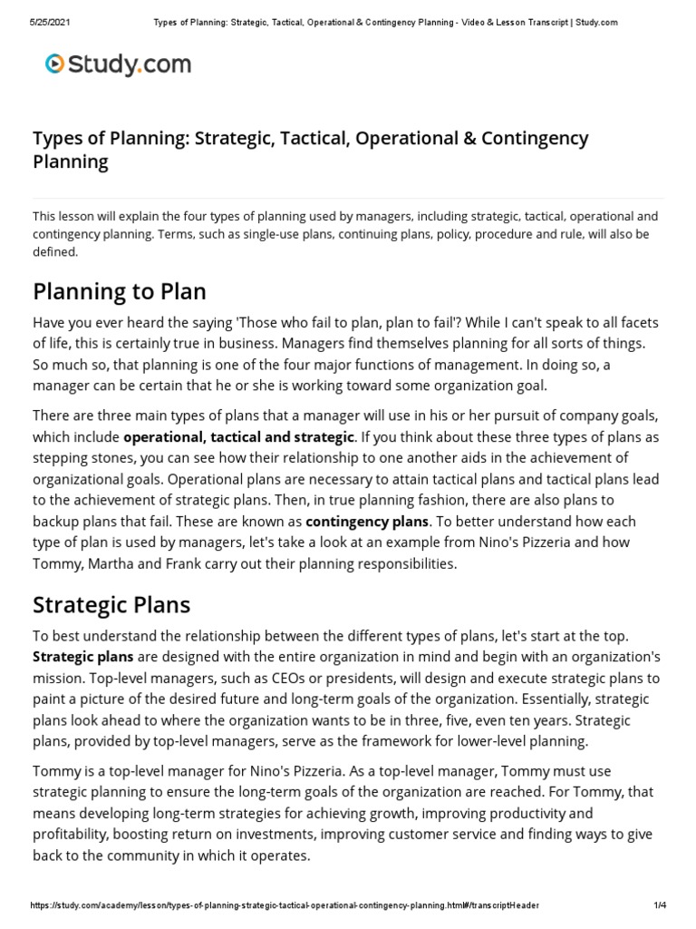 Types of Planning - Strategic, Tactical, Operational & Contingency ...