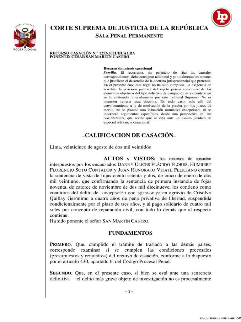 Casacion 1252 2021 Huaura LPDerecho | PDF Casacion 1252 2021 Huaura LPDerecho | PDF