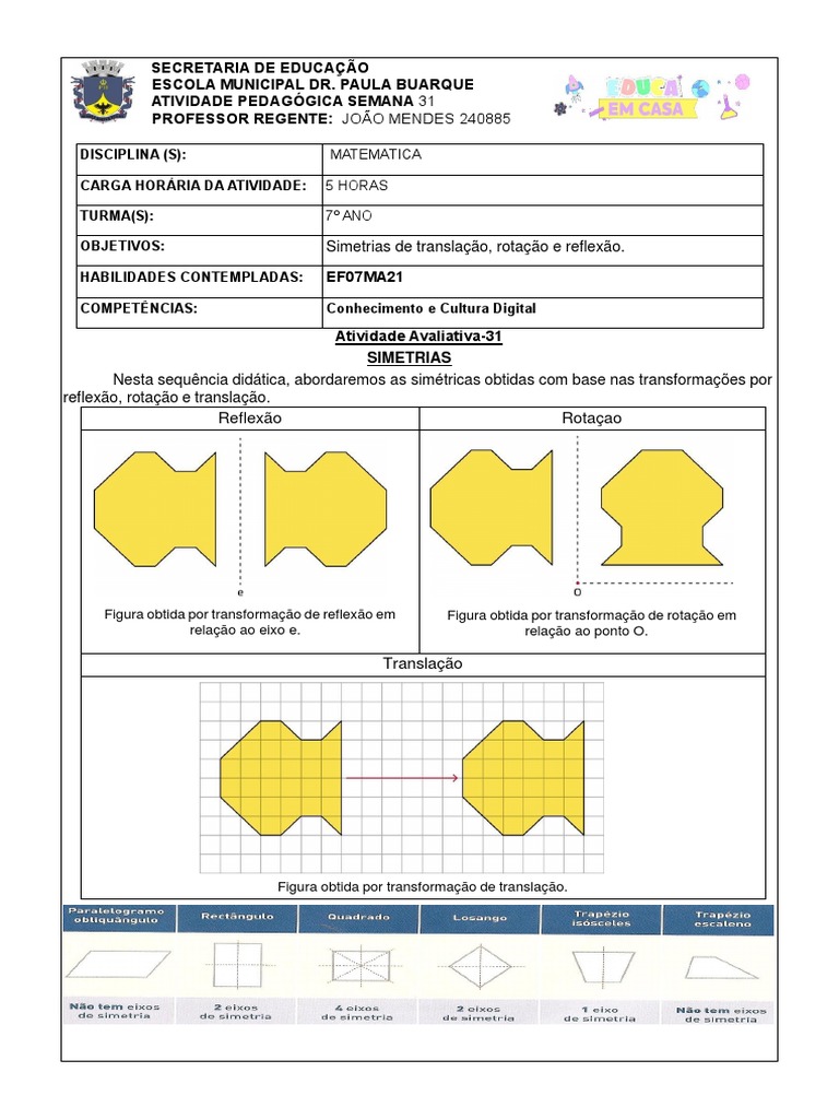 Atividade Simetria | PDF | Geometria Elementar | Simetria