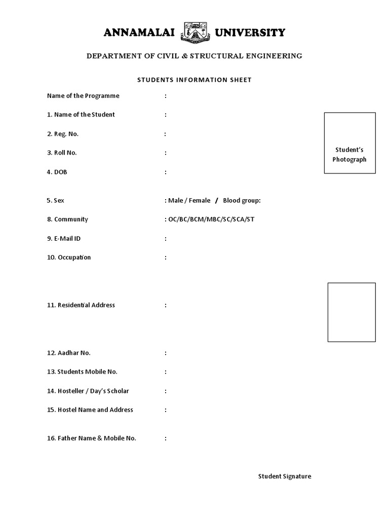 Students Information Sheet 2022-23 | PDF