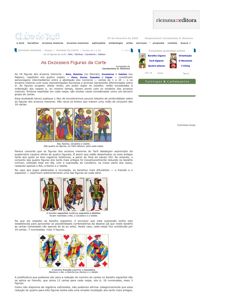 As Figuras da Corte - Arcanos Menores - Clube do Tarô - Tarot | PDF | Tarô | Cartas de baralho