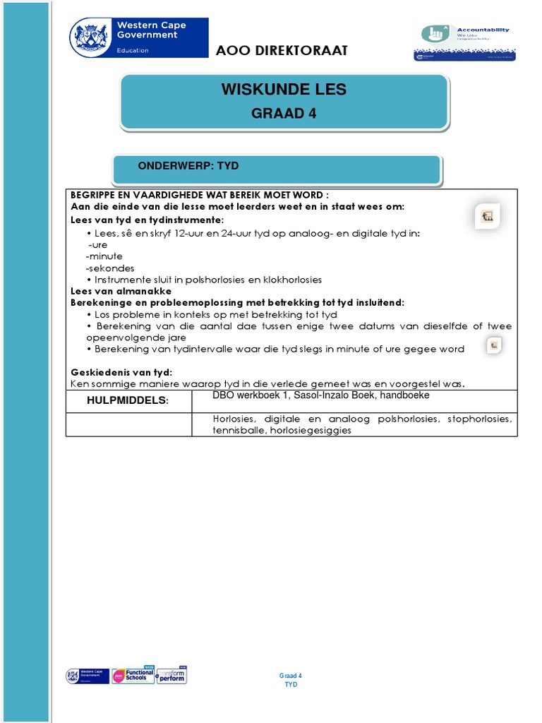 Lesplan GR 4 Wiskunde Tyd | PDF