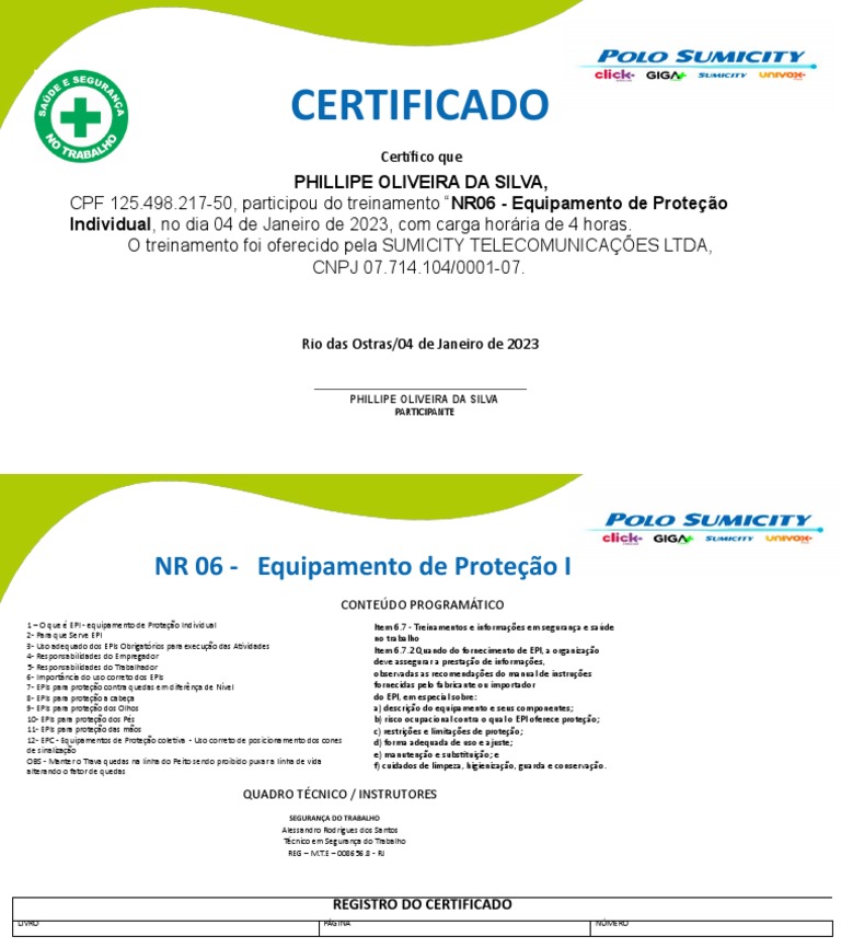 Certificado de NR 06 | PDF