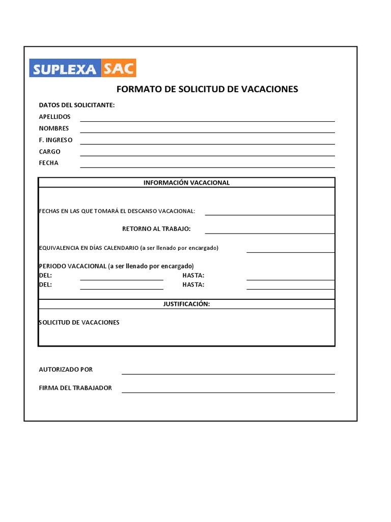 Formato de Solicitud de Vacaciones Suplexa Sac | PDF