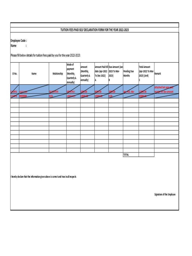 Tuition Fees Self Declaration Form 2022-23 | PDF | Economies | Payments