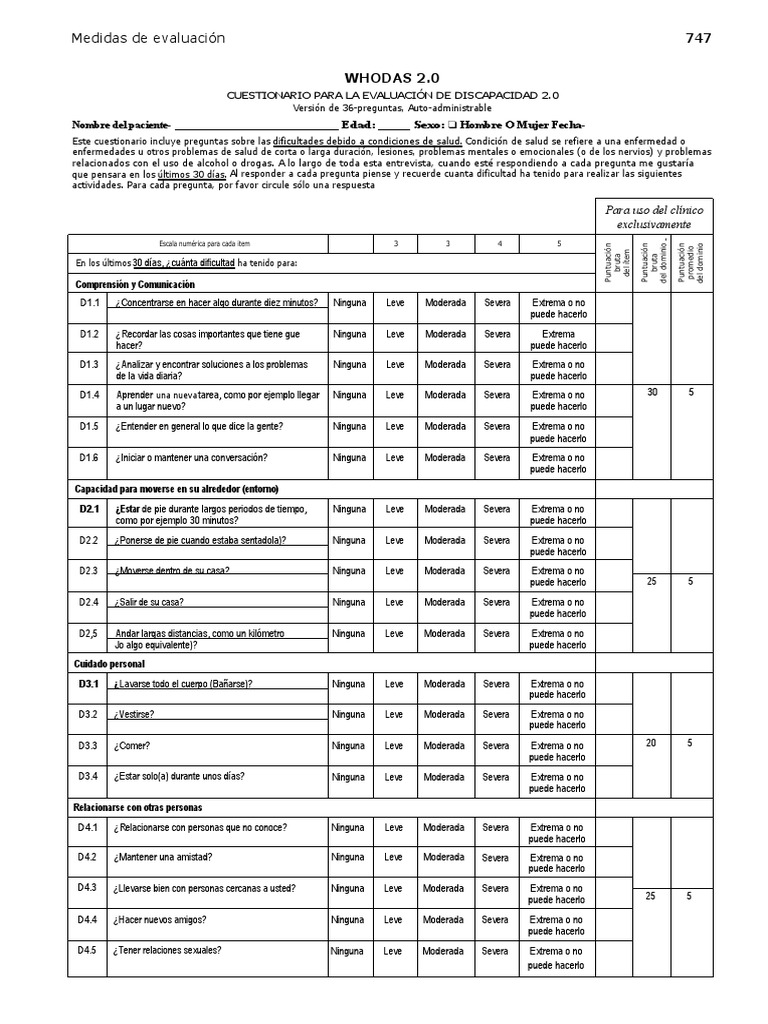 Cuestionario WHODAS | PDF | Cuestionario | Sicología
