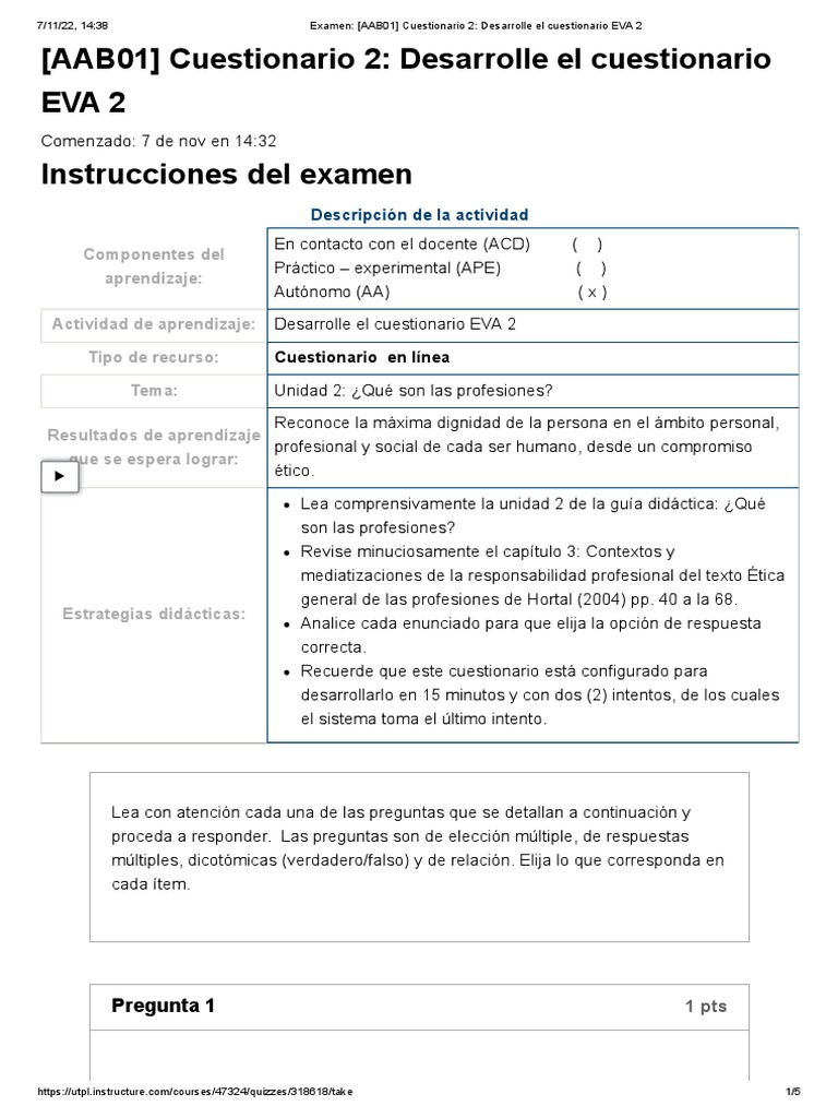 Examen AAB01 Cuestionario 2 Desarrolle El Cuestionario EVA 2 | PDF | Cuestionario
