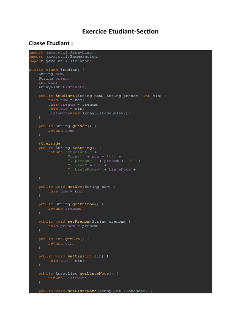 Exercice Java : Classe Etudiant et Section | PDF | Programmation informatique | Java Community ...