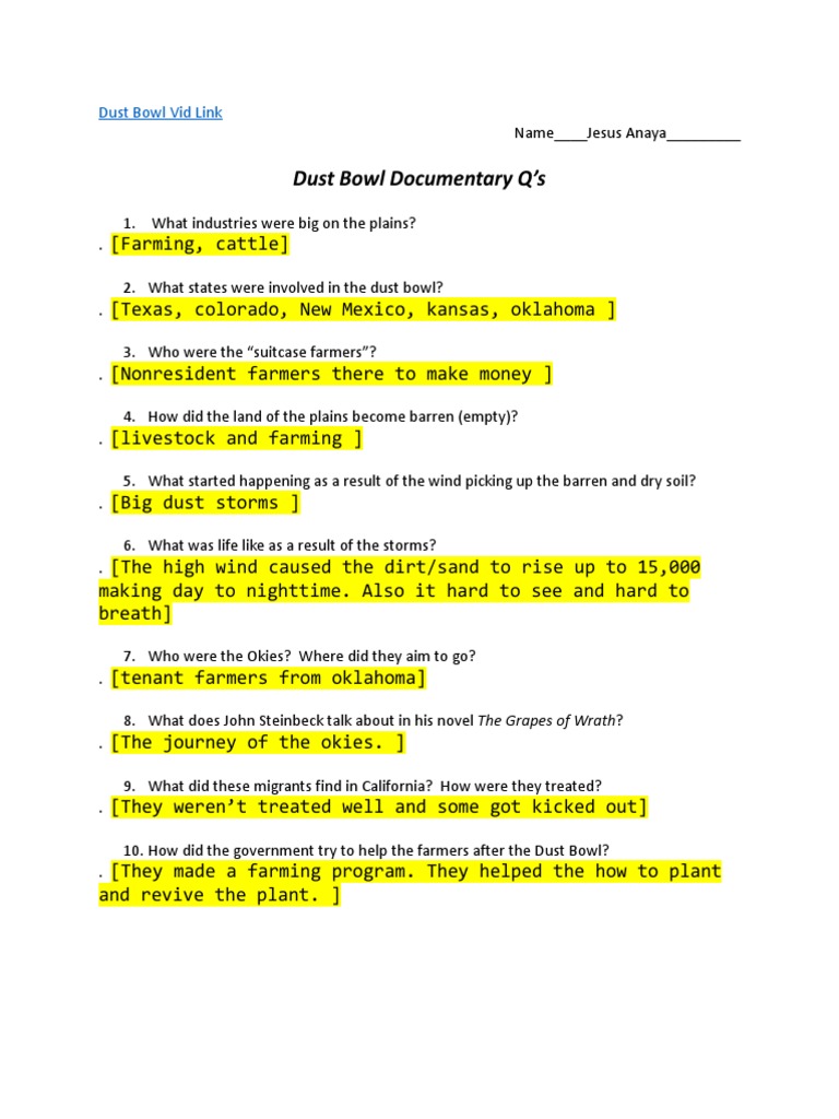 Dust Bowl Documentary Questions | PDF
