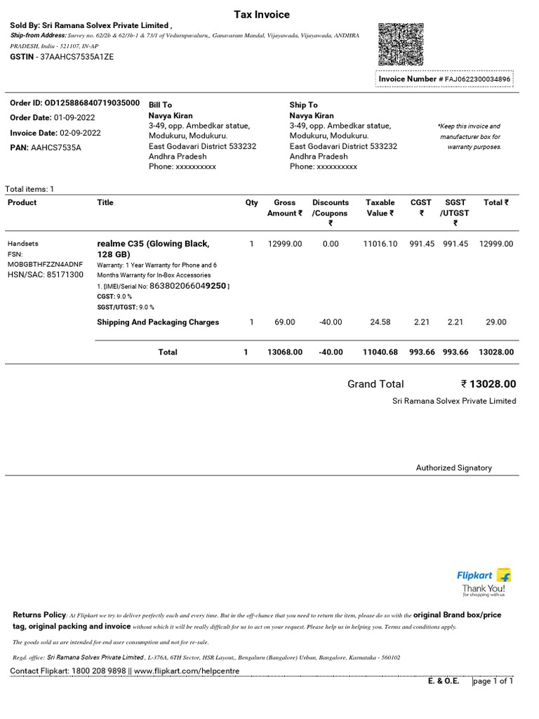 Tax Invoice for Realme C35 Mobile | PDF | Economies | Taxes