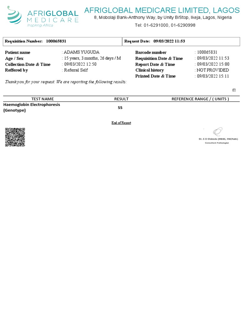 Afriglobal Medicare Limited, Lagos: Test Name Result Reference Range ...