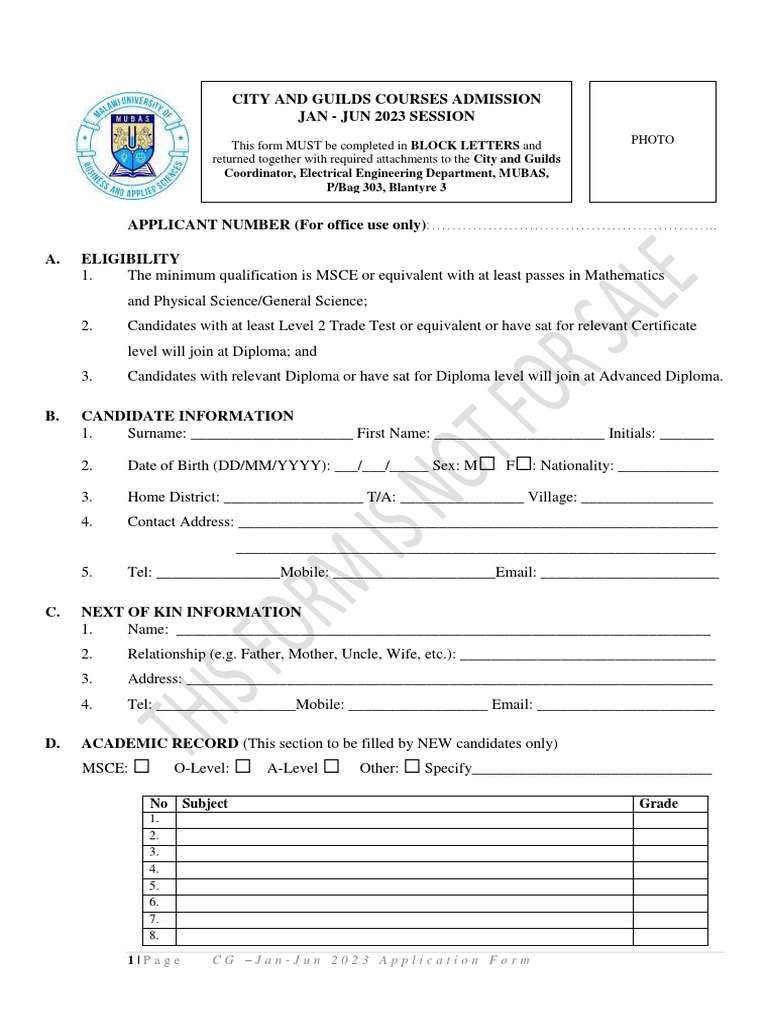 City & Guilds Electrical Engineering Admission Form Jan - June 2023 ...