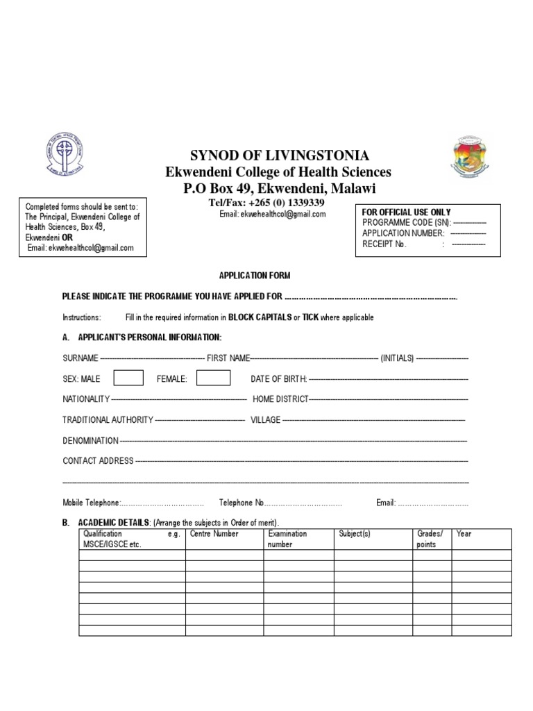 Application Form For All Programmes Ecohs | PDF | Banks | Malawi
