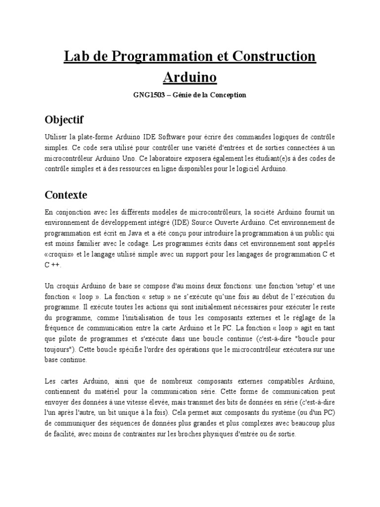 Laboratoire Arduino w20 | PDF | Arduino | Programmation informatique