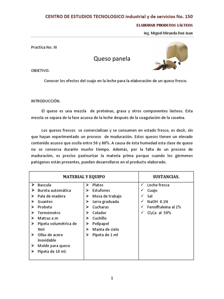 Practica 3. Queso Panela | PDF | Leche | Queso
