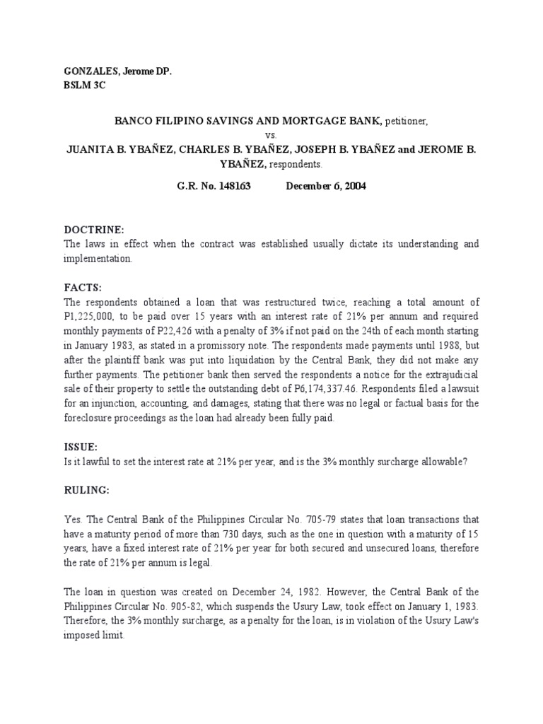 Banco Filipino vs. YBAÃ EZ | PDF | Finance & Money Management | Social ...