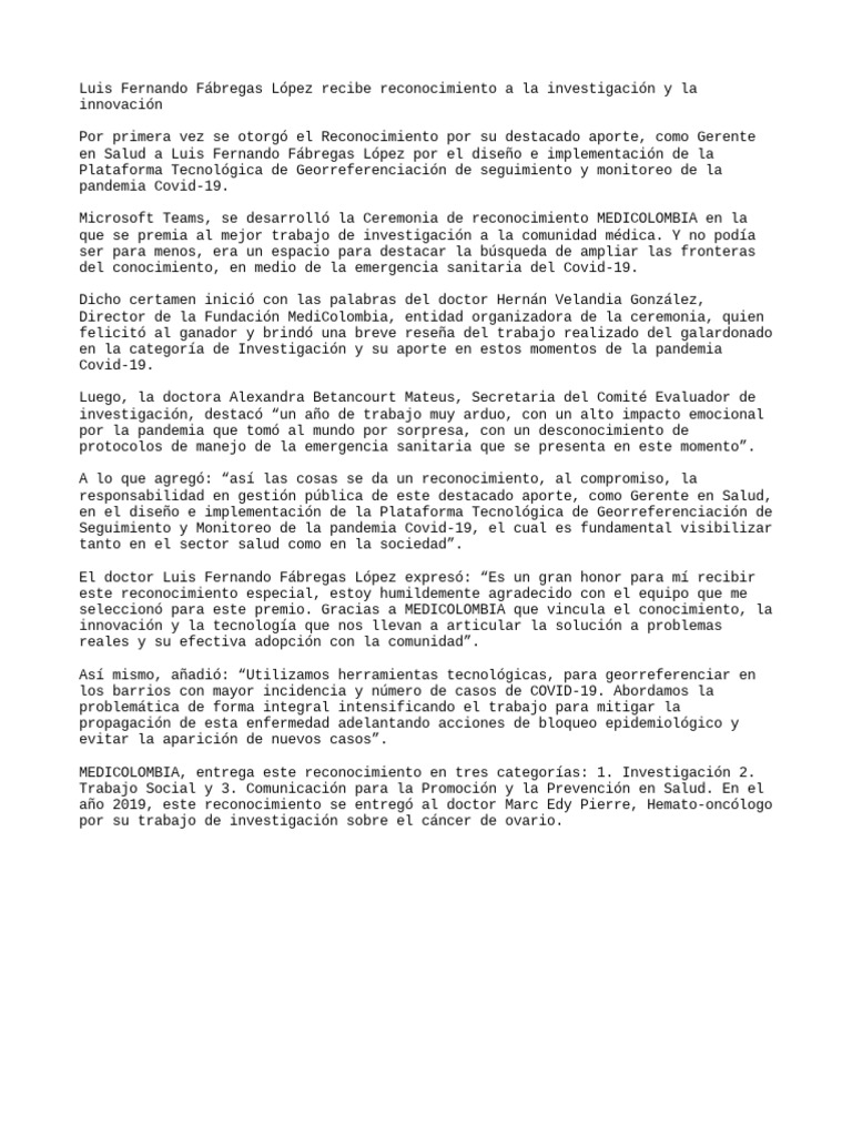 Luis Fernando Fábregas López y su reconocimiento por Medicolombia | PDF