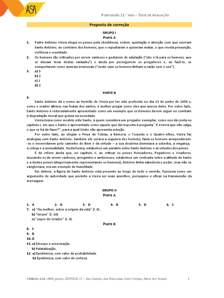 TESTE ASA - 11ºano 1º Periodo (Semão) | PDF