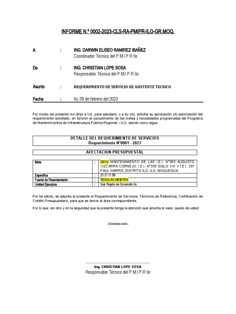 Informe N°0002 Requerimiento de Servicio de Asistente Tecnico | PDF