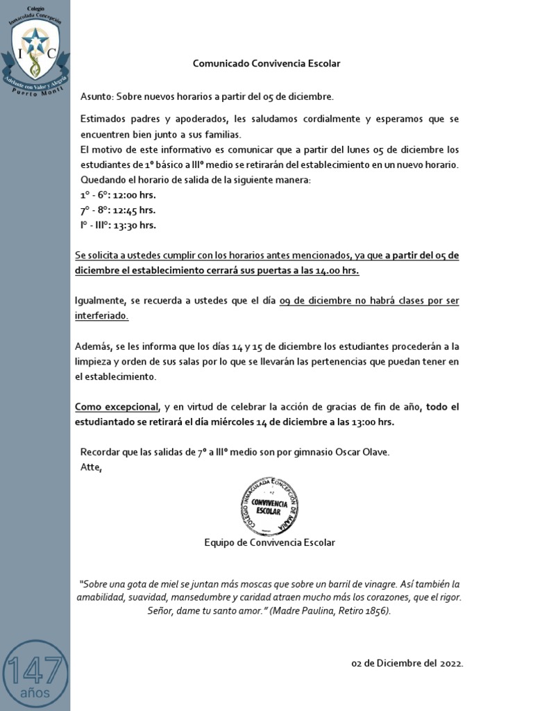 Comunicado Convivencia Escolar | PDF
