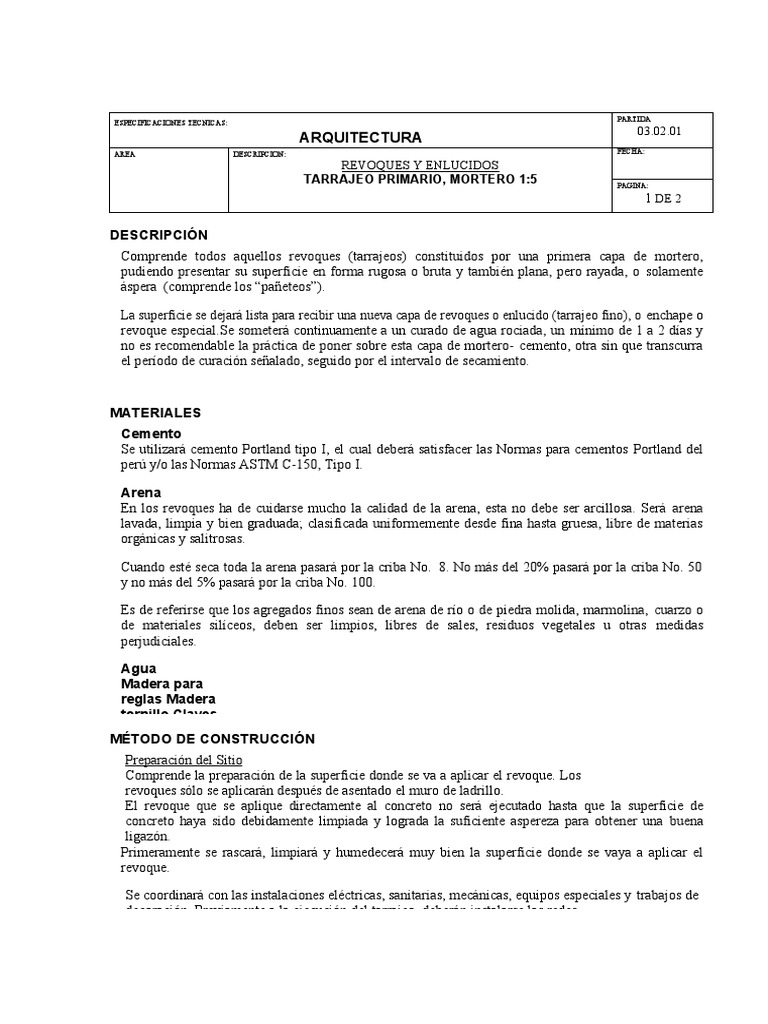03.02.01 Tarrajeo Primario, Mortero 1.5 | PDF | Cemento | Mortero ... 03.02.01 Tarrajeo Primario, Mortero 1.5 | PDF | Cemento | Mortero ...