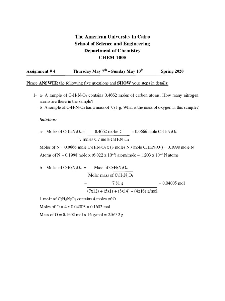 Assignment # 4 - Model Answer | PDF | Mole (Unit) | Stoichiometry
