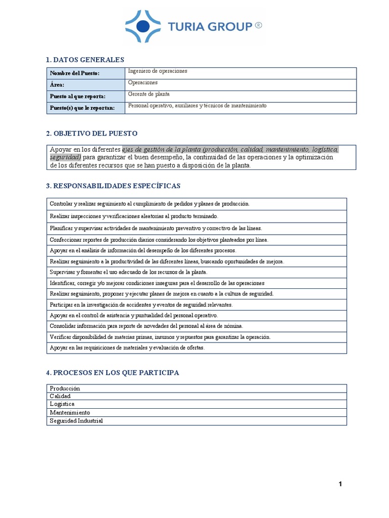 Descripción de Cargo Ingeniero de Operaciones | PDF | Calidad (comercial) | Logística