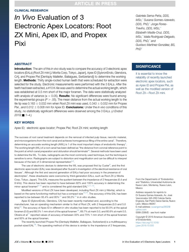 In Vivo Evaluation of Three Electronic Apex Locators | PDF | Dentistry ...